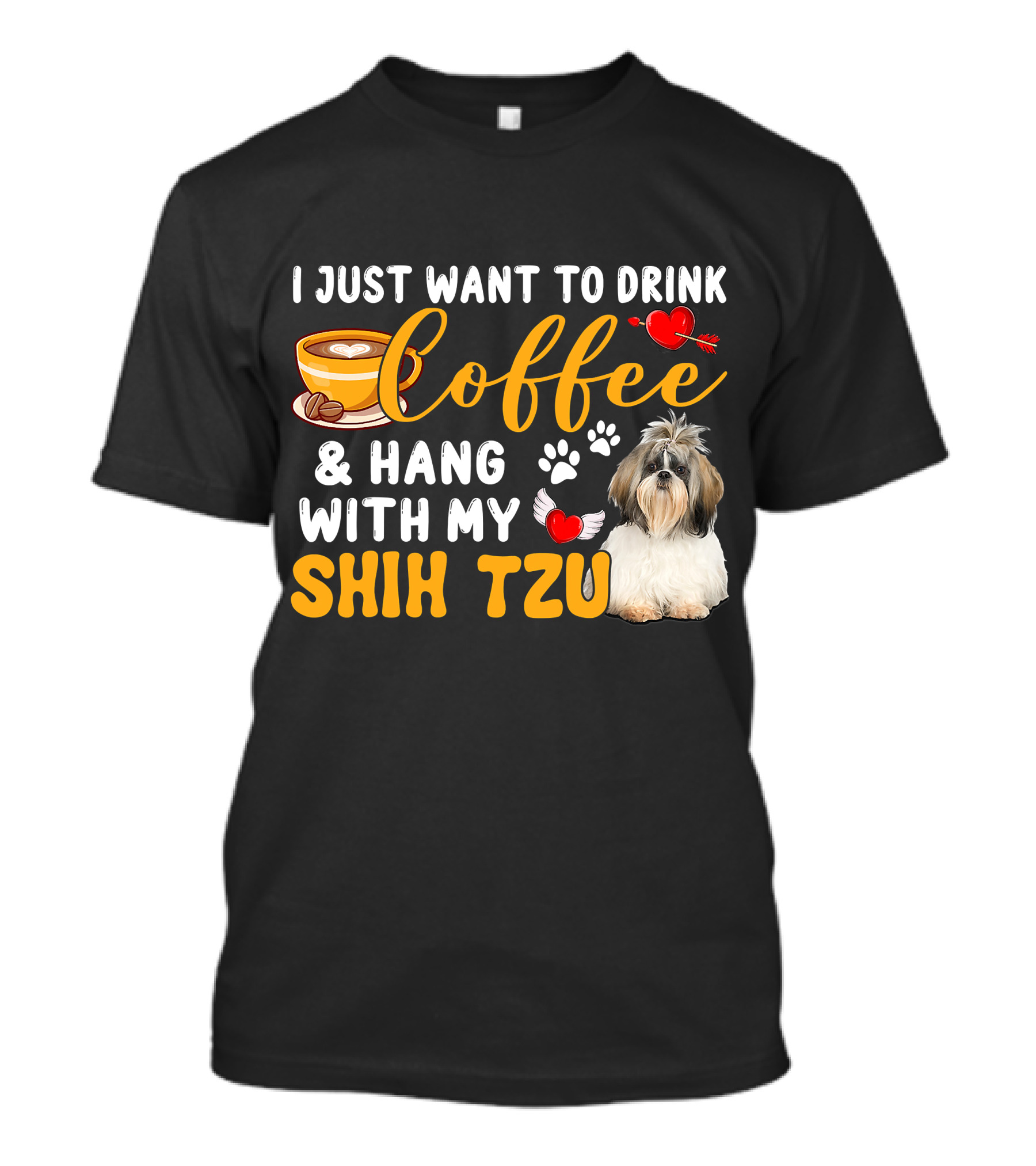 Coffee Lover Shih Tzu With Hearts And Wings T-Shirt
