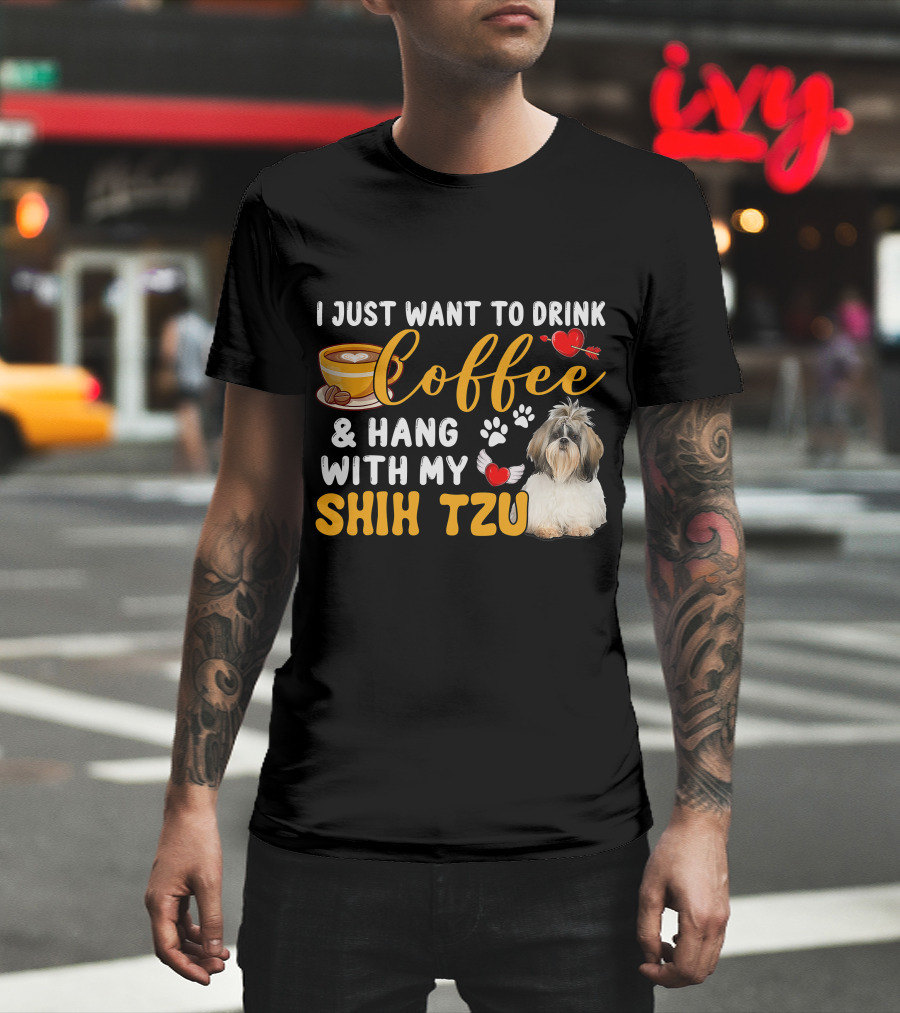Coffee Lover Shih Tzu With Hearts And Wings T-Shirt