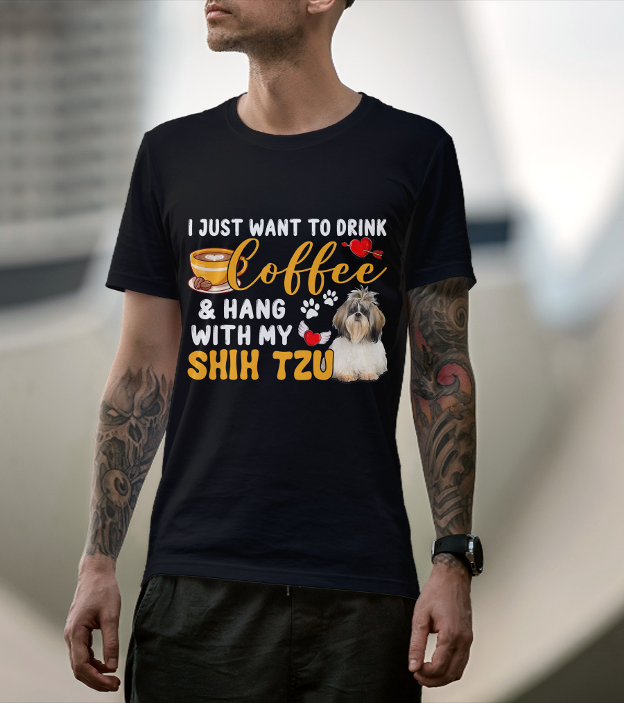 Coffee Lover Shih Tzu With Hearts And Wings T-Shirt