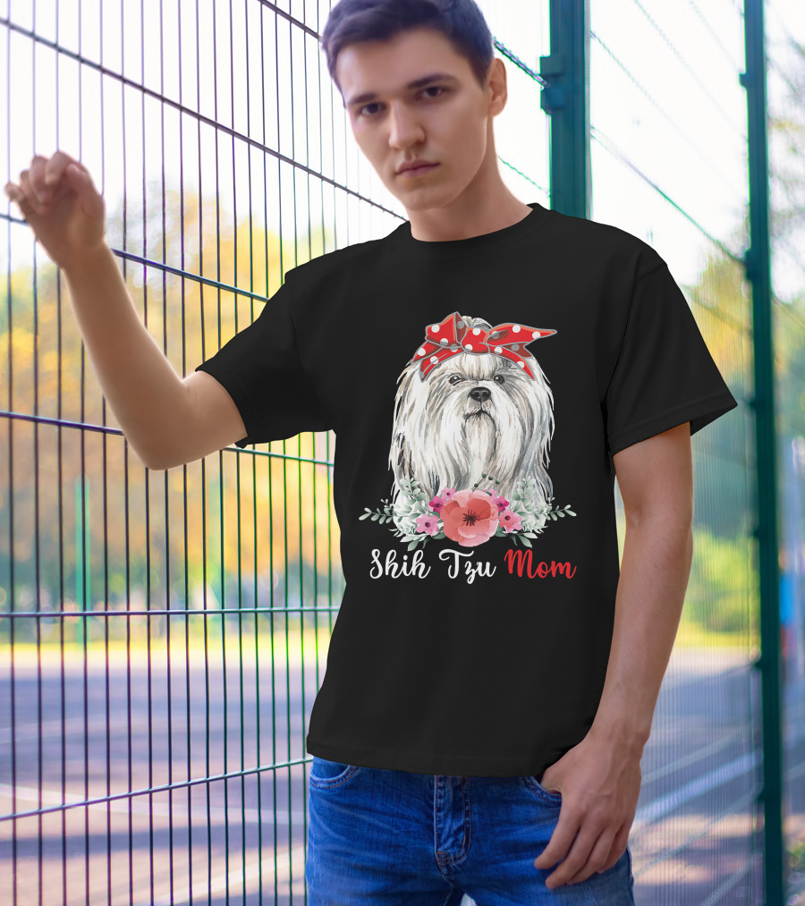 I Shih Tzu Not Funny Shih Tzu Mom Dog Lovers With Red Bow And Flowers T-Shirt