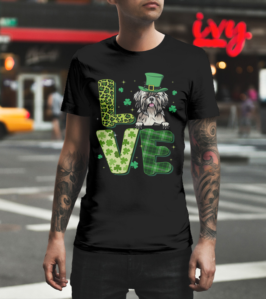 Love Shih Tzu Leopard Plaid Shamrock St Patrick's Day T-Shirt