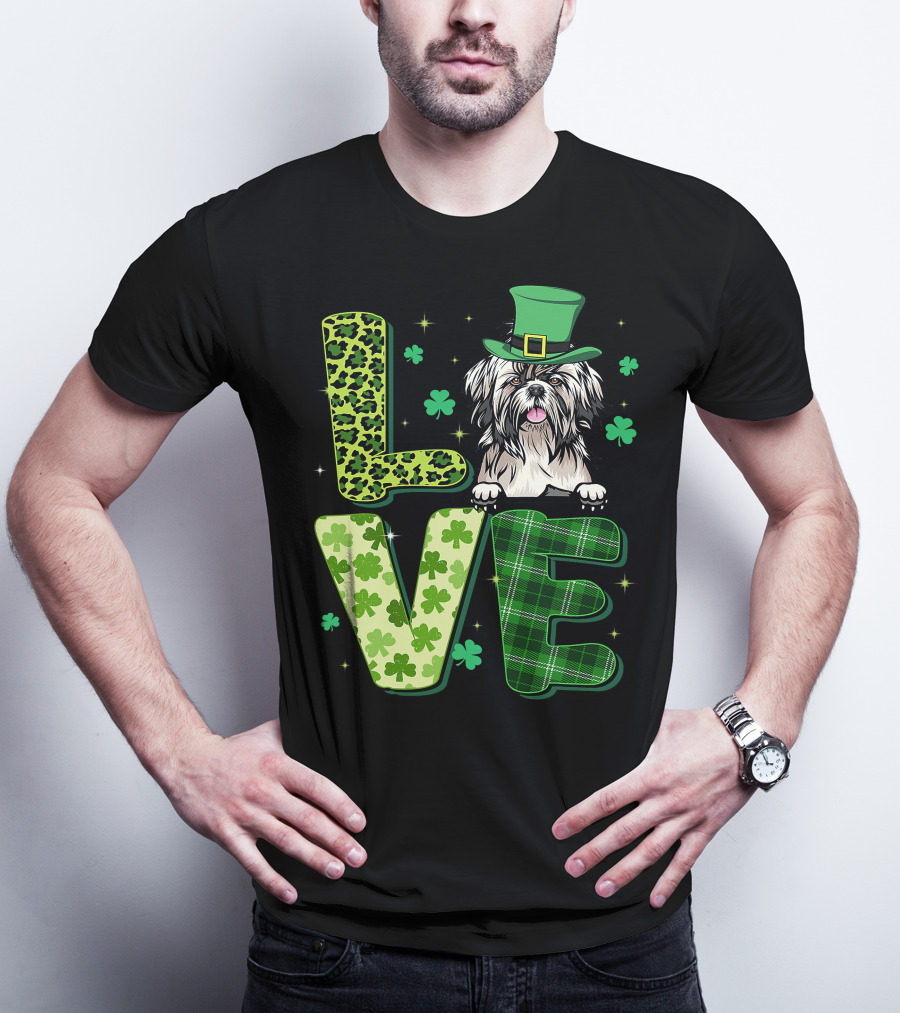 Love Shih Tzu Leopard Plaid Shamrock St Patrick's Day T-Shirt
