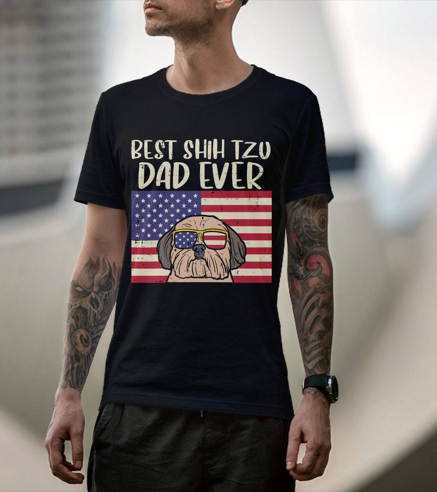 Best Shih Tzu Dad Ever US Flag Patriotic Dog Sunglasses T-Shirt