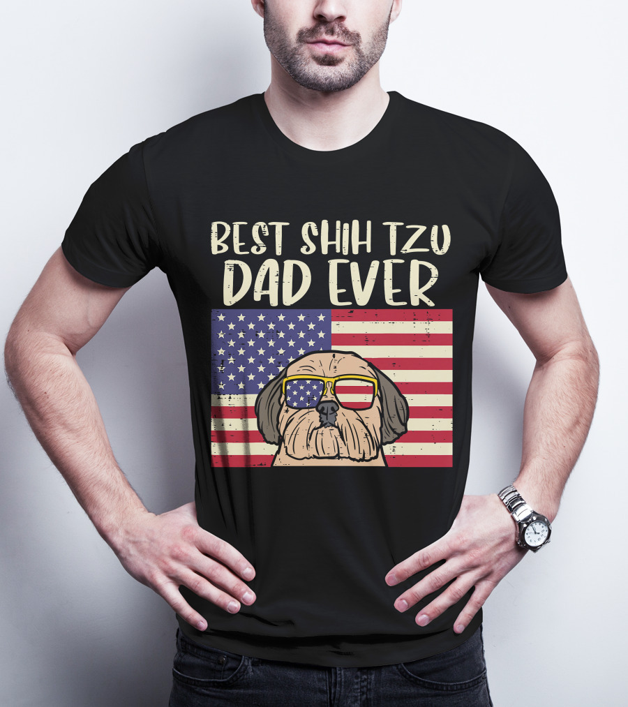 Best Shih Tzu Dad Ever US Flag Patriotic Dog Sunglasses T-Shirt