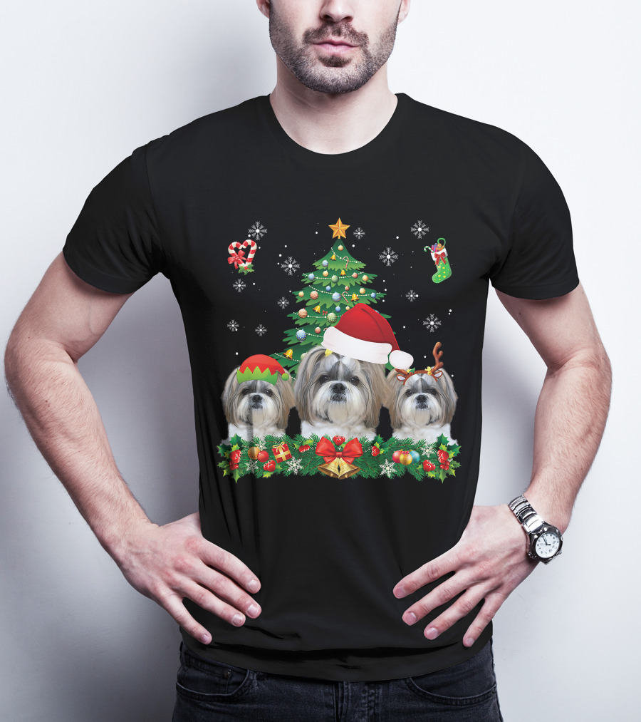 Merry Dogmas Shih Tzu Santa Elf Reindeer Christmas Tree T-Shirt