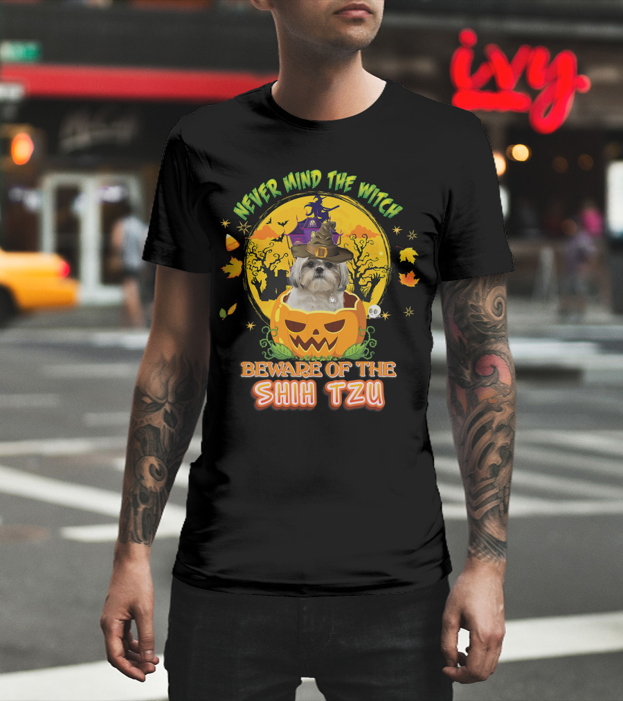 Never Mind The Witch Beware Of The Shih Tzu Halloween Pumpkin Dog With Witch Hat T-Shirt
