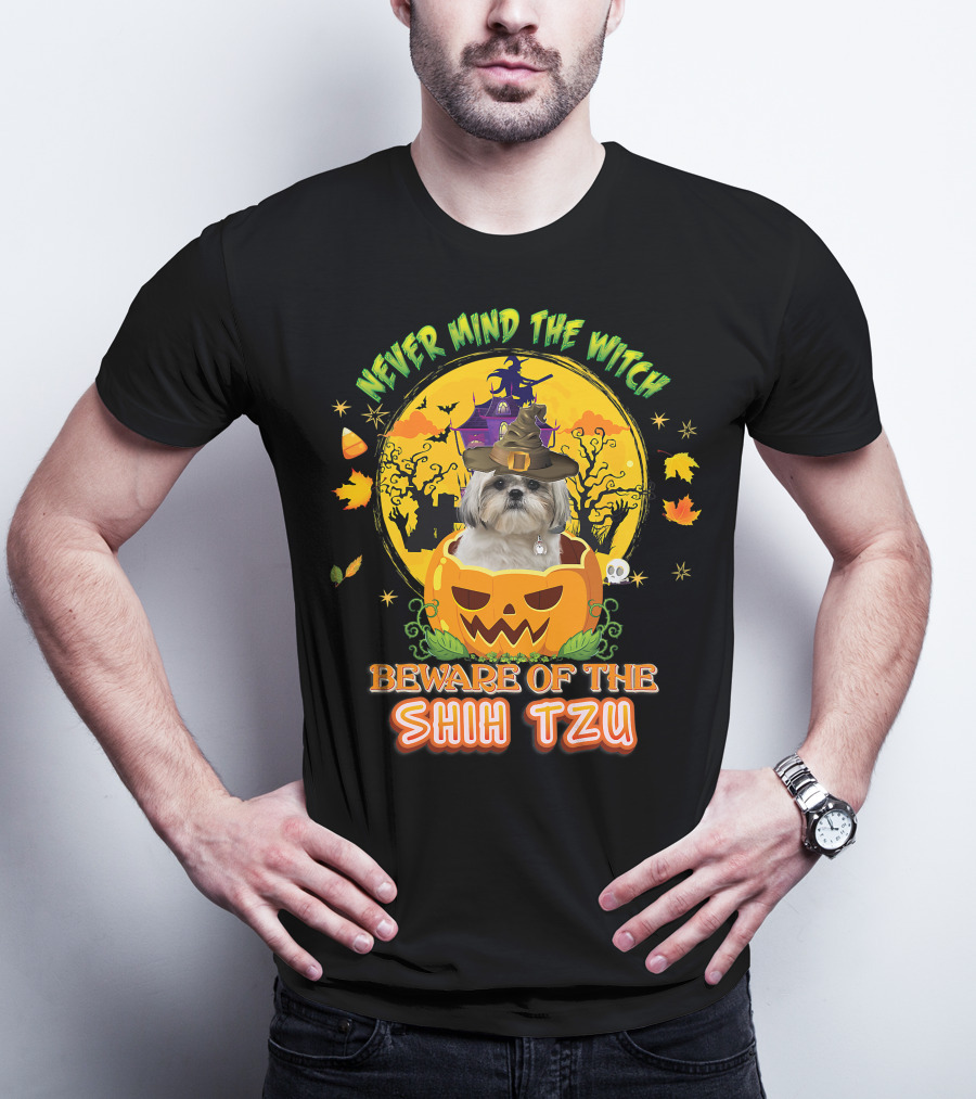 Never Mind The Witch Beware Of The Shih Tzu Halloween Pumpkin Dog With Witch Hat T-Shirt