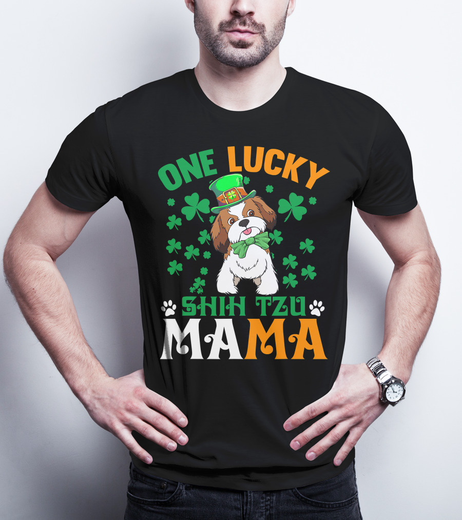 One Lucky Shih Tzu Mama St Patricks Day Green Hat Shamrocks T-Shirt