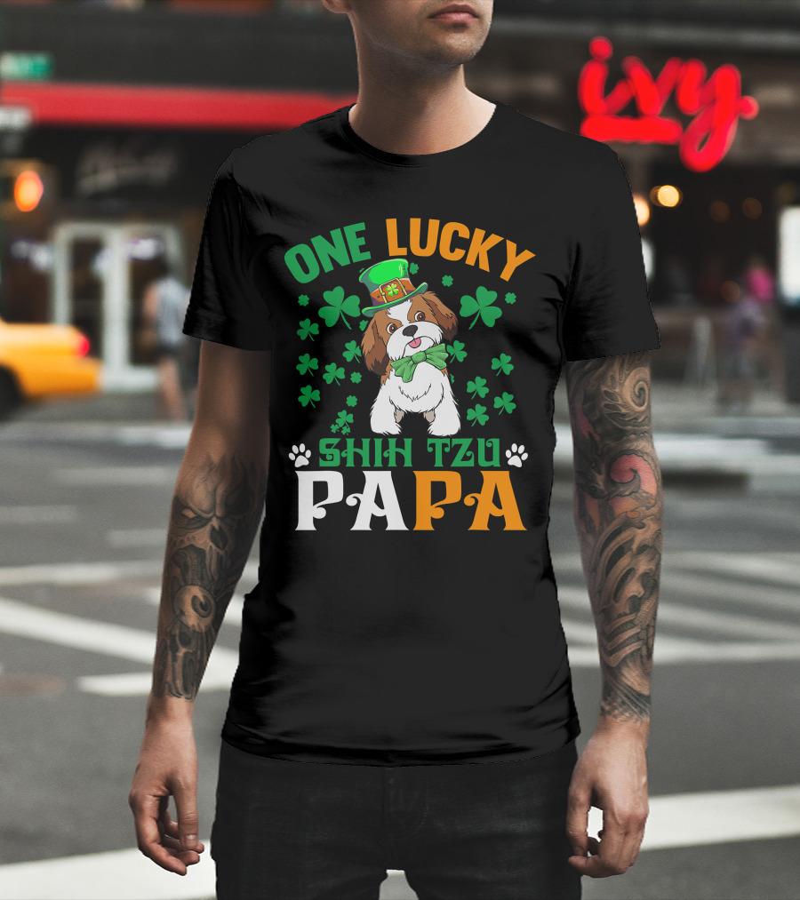 One Lucky Shih Tzu Papa St Patricks Day Dog Hat Clover T-Shirt