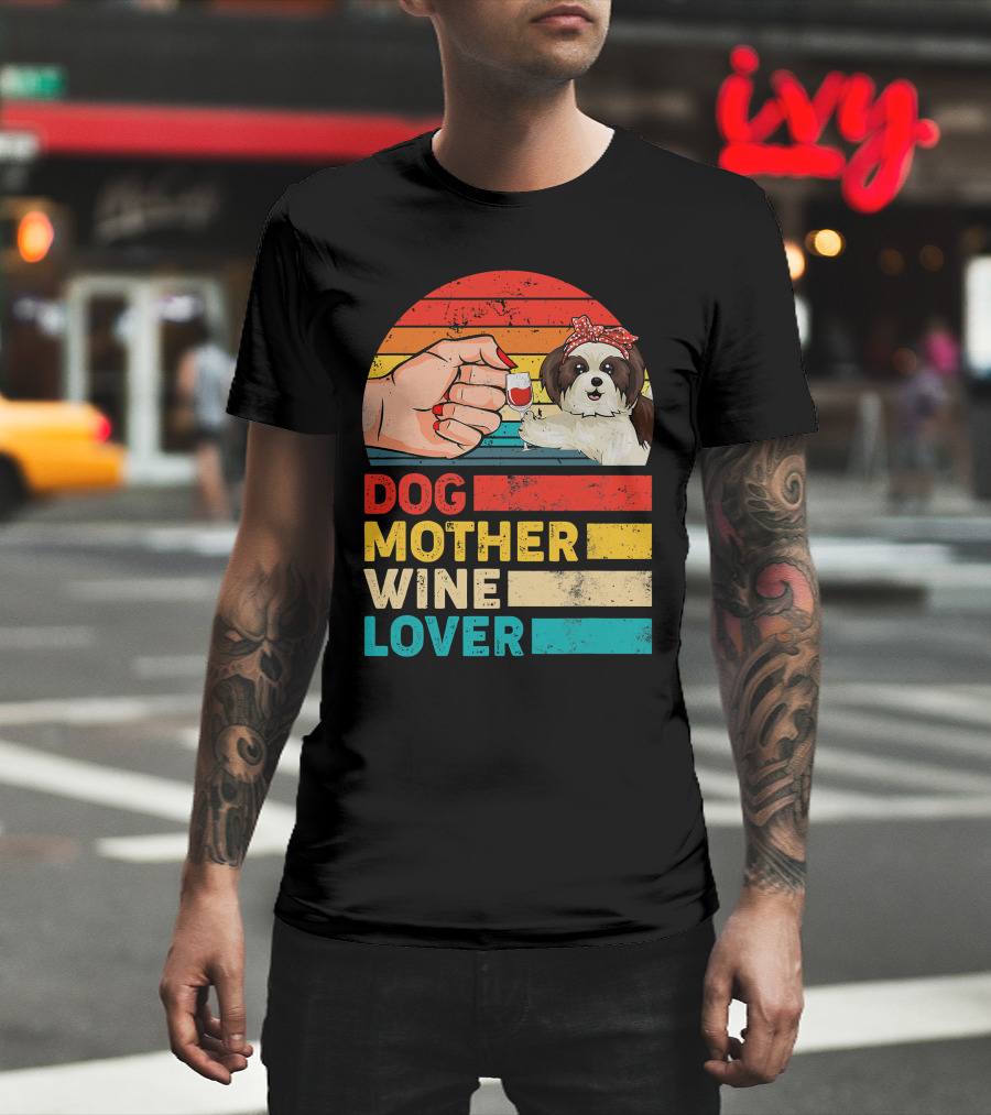 Dog Mother Wine Lover Shih Tzu Retro T-Shirt