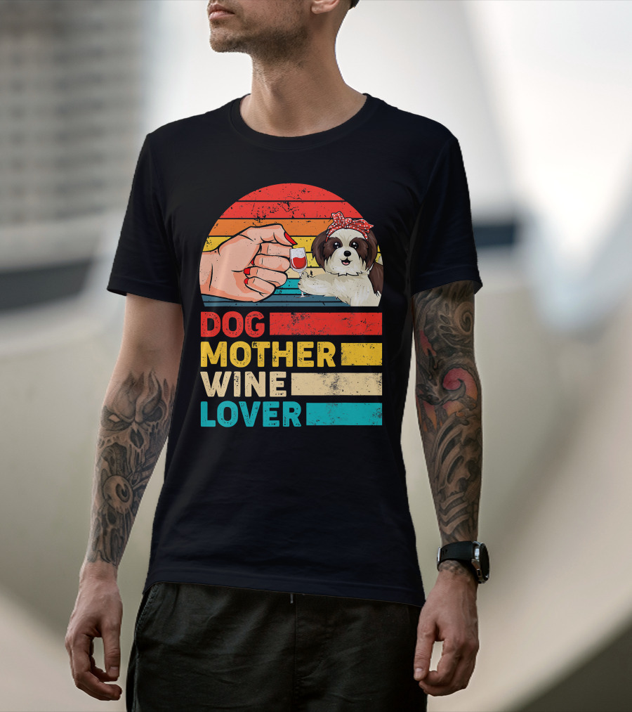 Dog Mother Wine Lover Shih Tzu Retro T-Shirt
