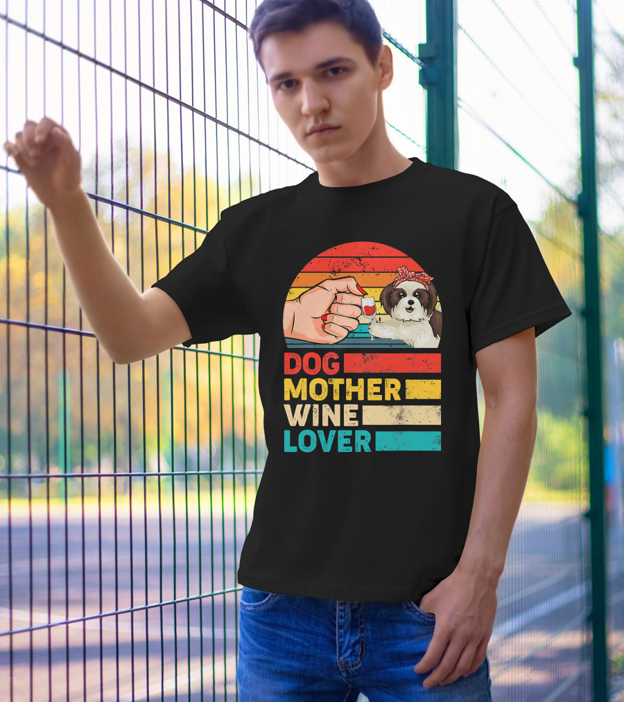 Dog Mother Wine Lover Shih Tzu Retro T-Shirt