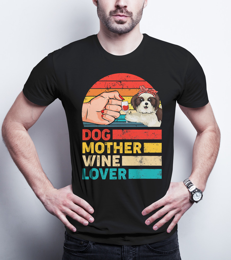 Dog Mother Wine Lover Shih Tzu Retro T-Shirt