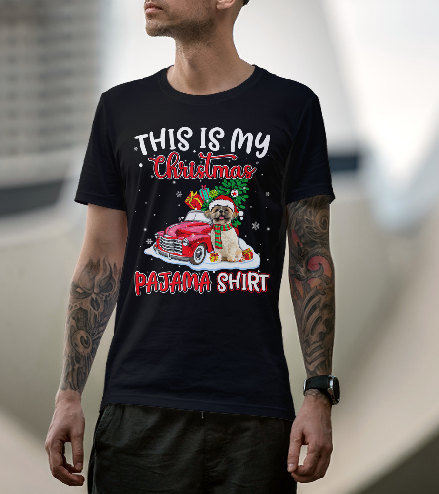 Retro Christmas Pajama Shih Tzu Santa Hat Presents Vintage Car T-Shirt