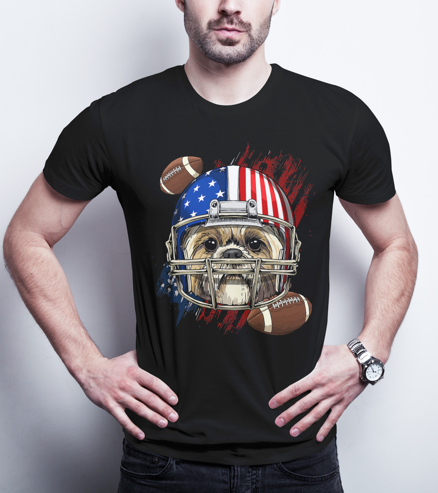 Shih Tzu In American Football Helmet With USA Flag And Footballs T-Shirt