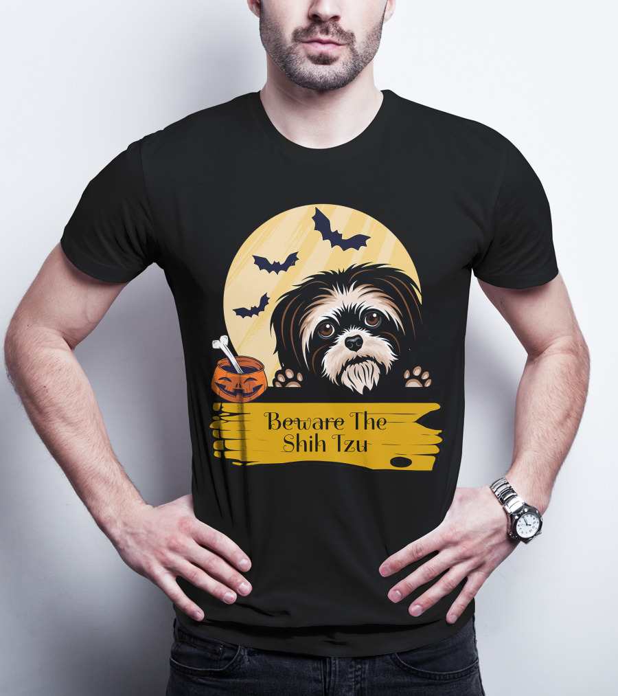 Beware The Shih Tzu Halloween Bats Moon Pumpkin T-Shirt