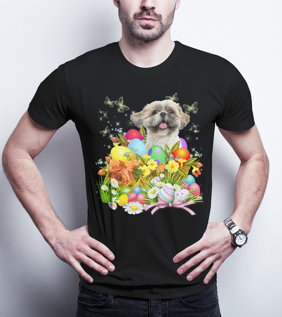 Shih Tzu Bunny Dog With Easter Eggs And Floral Basket T-Shirt