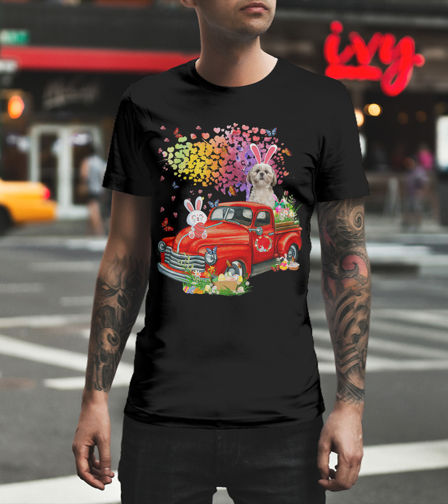 Shih Tzu Bunny On Red Truck With Easter Eggs And Rainbow Hearts T-Shirt