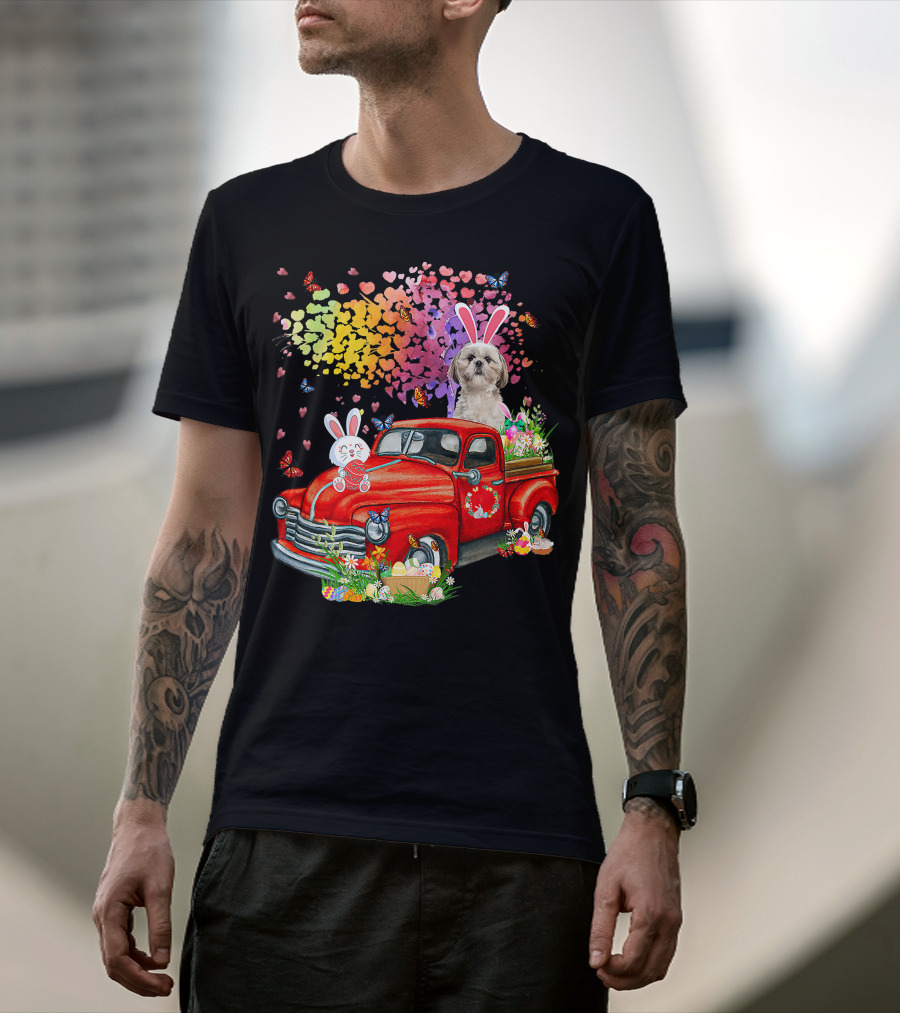 Shih Tzu Bunny On Red Truck With Easter Eggs And Rainbow Hearts T-Shirt