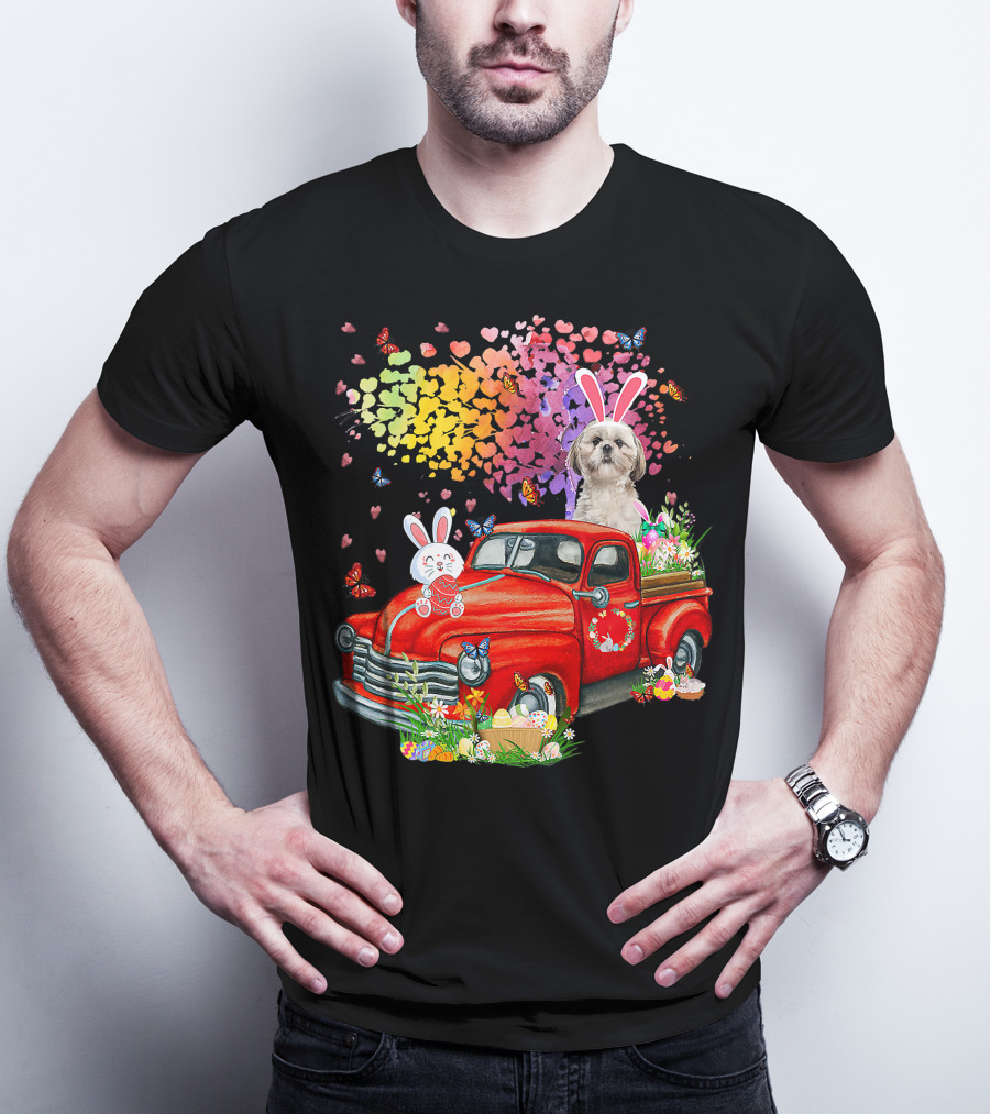 Shih Tzu Bunny On Red Truck With Easter Eggs And Rainbow Hearts T-Shirt