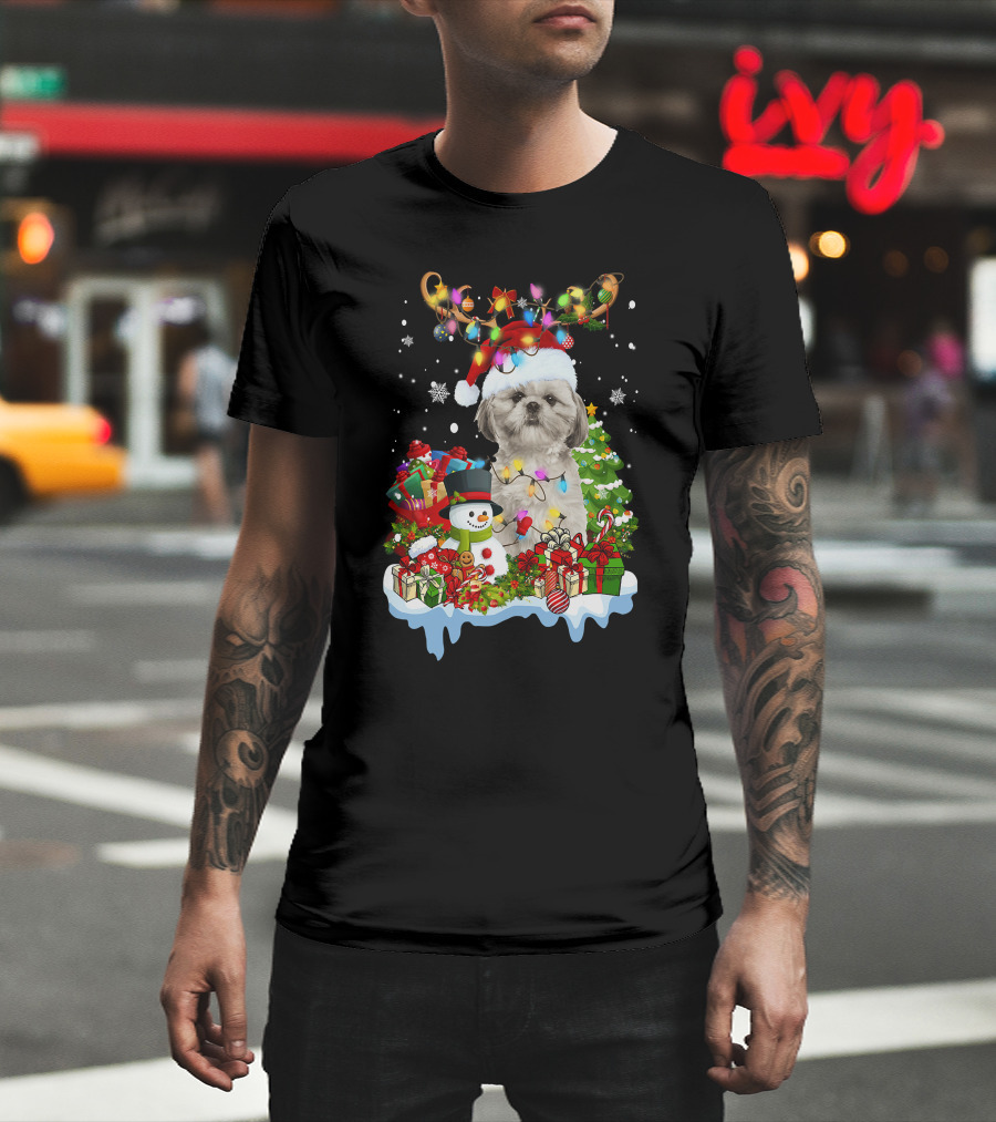 Shih Tzu Christmas Santa Hat Reindeer Antlers Lights Snowman Gifts Tree T-Shirt