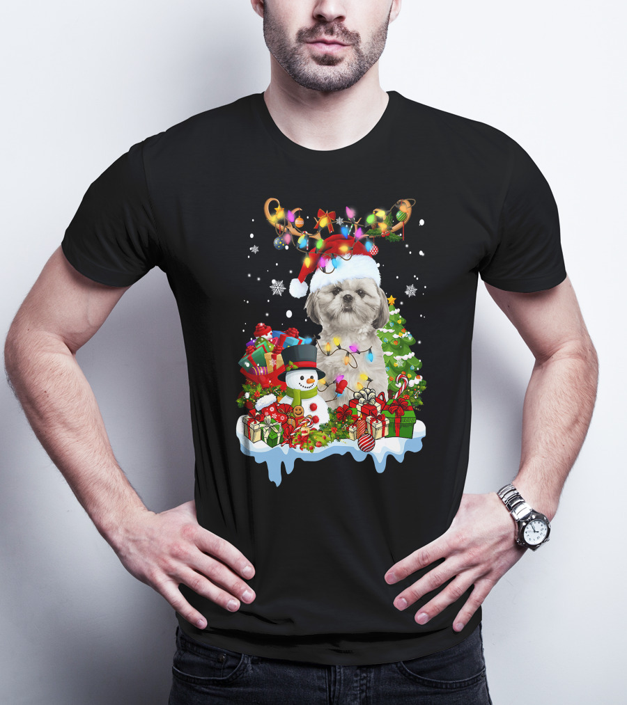 Shih Tzu Christmas Santa Hat Reindeer Antlers Lights Snowman Gifts Tree T-Shirt