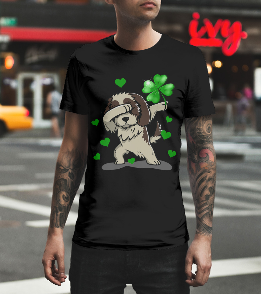 Shih Tzu Dabbing With Green Shamrock And Hearts T-Shirt
