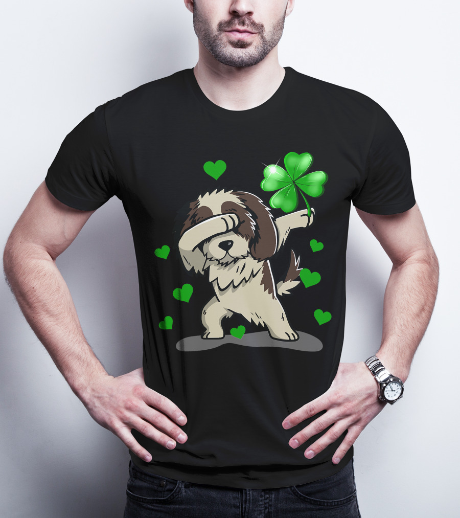 Shih Tzu Dabbing With Green Shamrock And Hearts T-Shirt