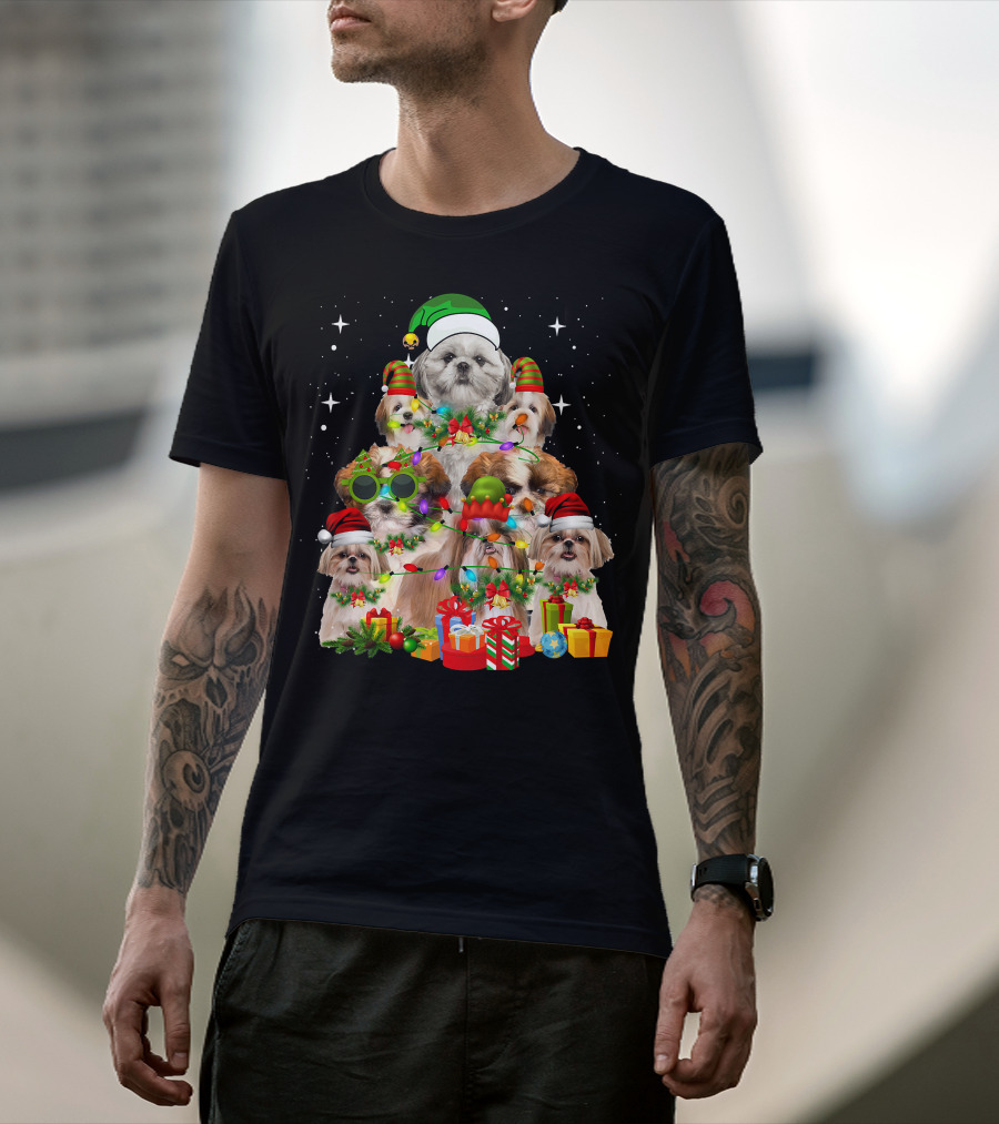 Shih Tzu Dog Christmas Tree With Presents And Santa Hats T-Shirt