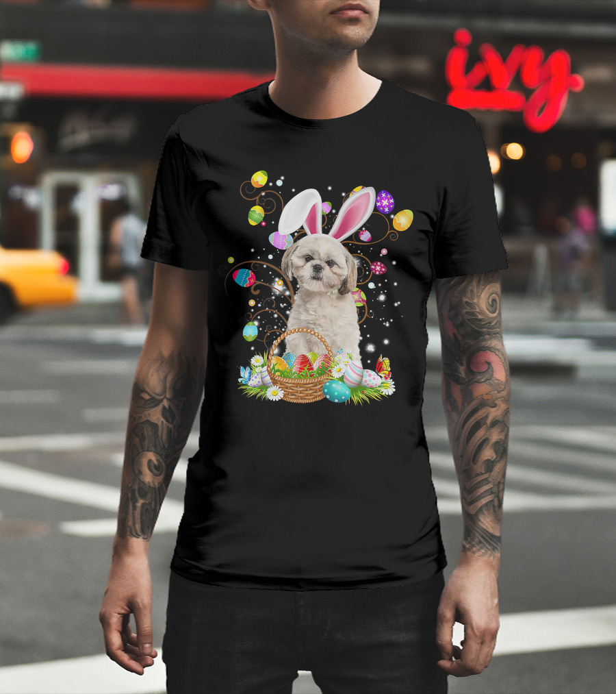 Shih Tzu Dog Bunny Ears With Colorful Easter Eggs Basket Fun Easter Day T-Shirt