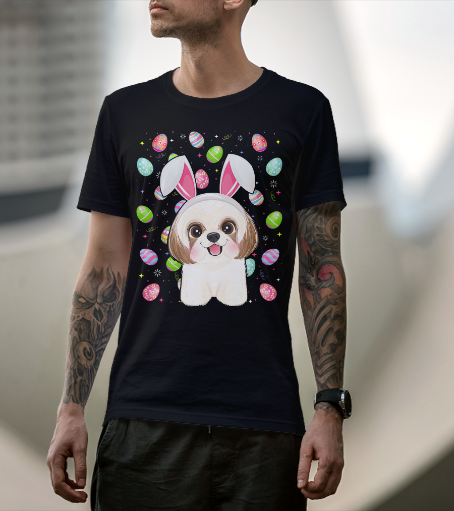 Shih Tzu Dog With Easter Eggs And Bunny Ears Funny Easter Lover Image T-Shirt