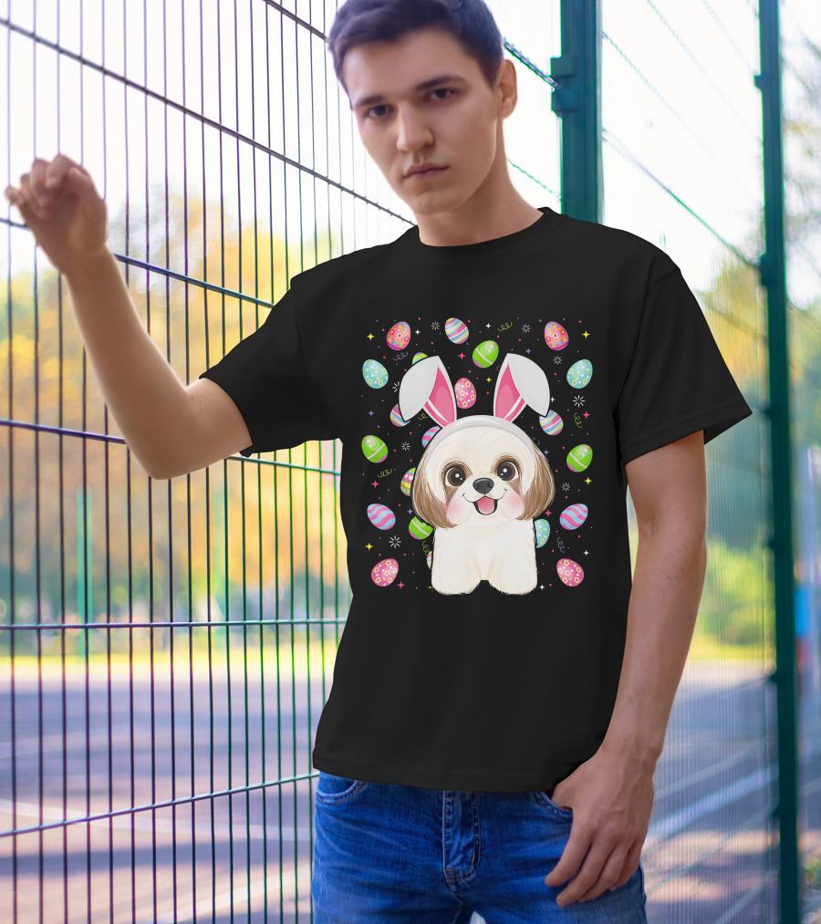 Shih Tzu Dog With Easter Eggs And Bunny Ears Funny Easter Lover Image T-Shirt