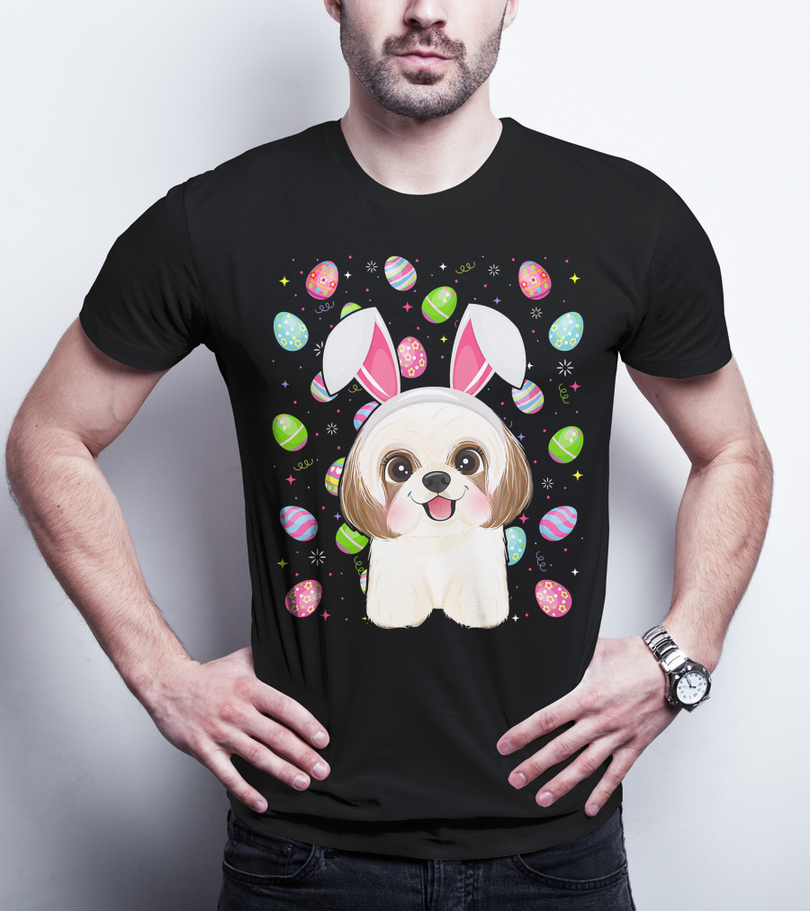 Shih Tzu Dog With Easter Eggs And Bunny Ears Funny Easter Lover Image T-Shirt