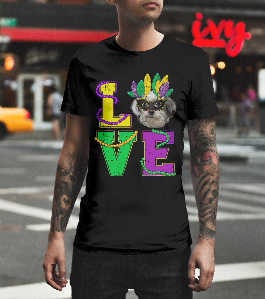 Shih Tzu Puppy Love Mardi Gras Beads Mask T-Shirt