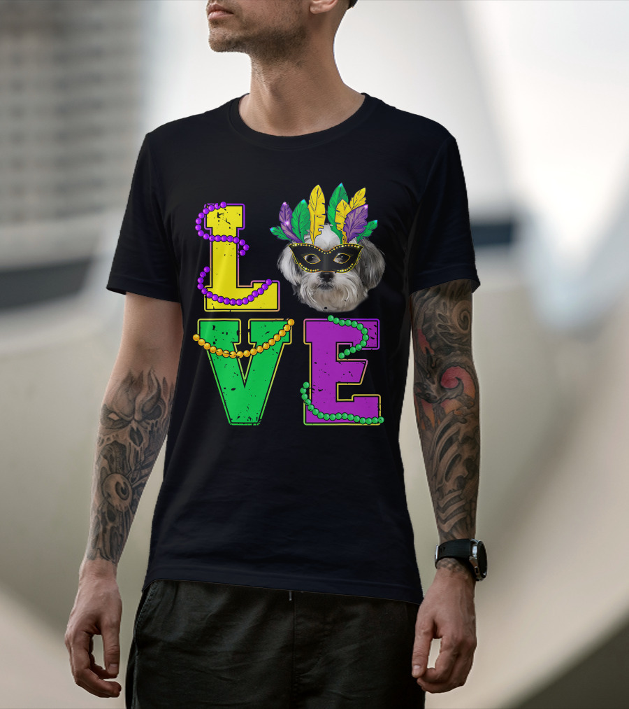 Shih Tzu Puppy Love Mardi Gras Beads Mask T-Shirt