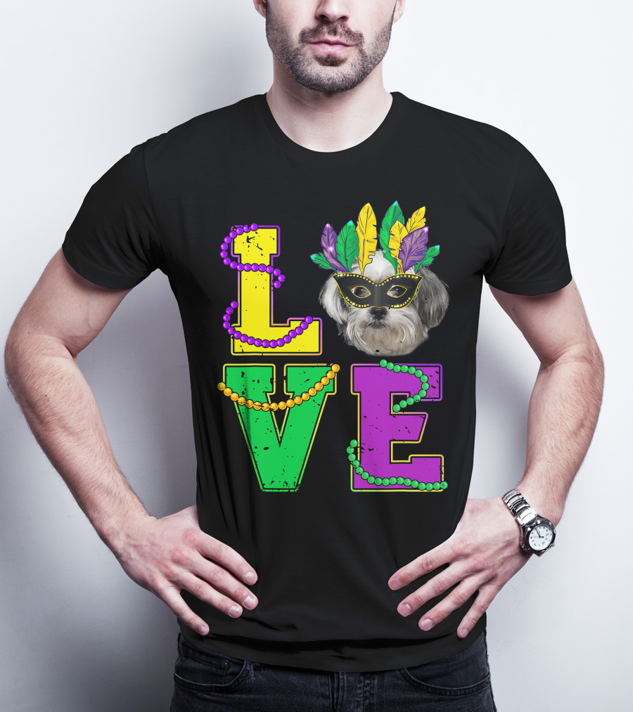 Shih Tzu Puppy Love Mardi Gras Beads Mask T-Shirt