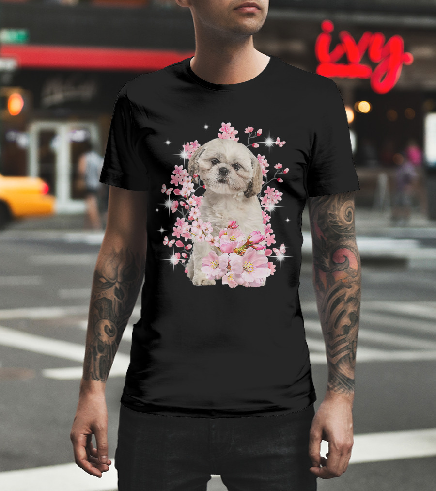 Shih Tzu Dog Sakura Japanese Cherry Blossom T-Shirt