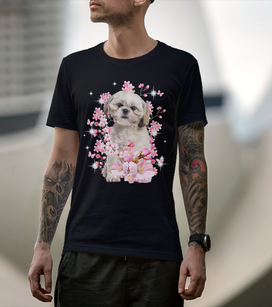 Shih Tzu Dog Sakura Japanese Cherry Blossom T-Shirt