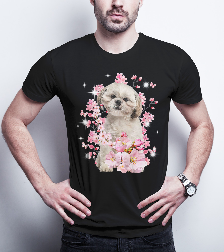 Shih Tzu Dog Sakura Japanese Cherry Blossom T-Shirt