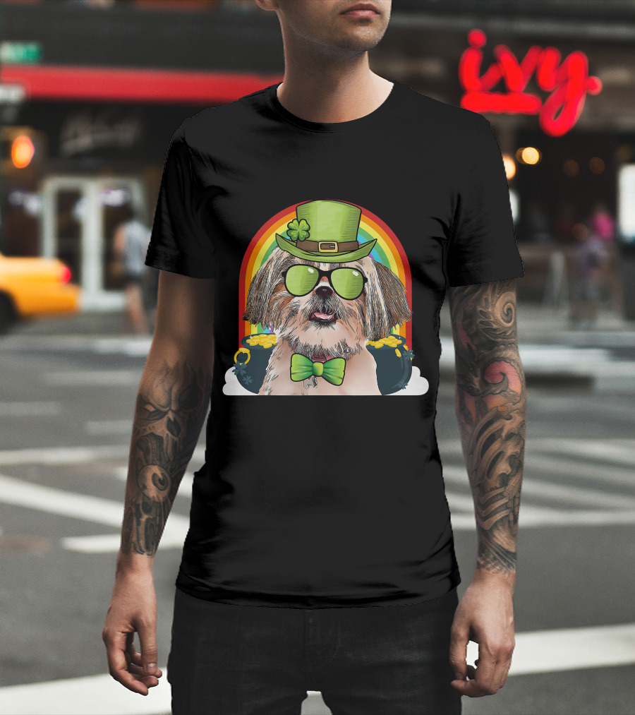 Shih Tzu Dog Leprechaun Rainbow Coins Bow Tie Sunglasses T-Shirt