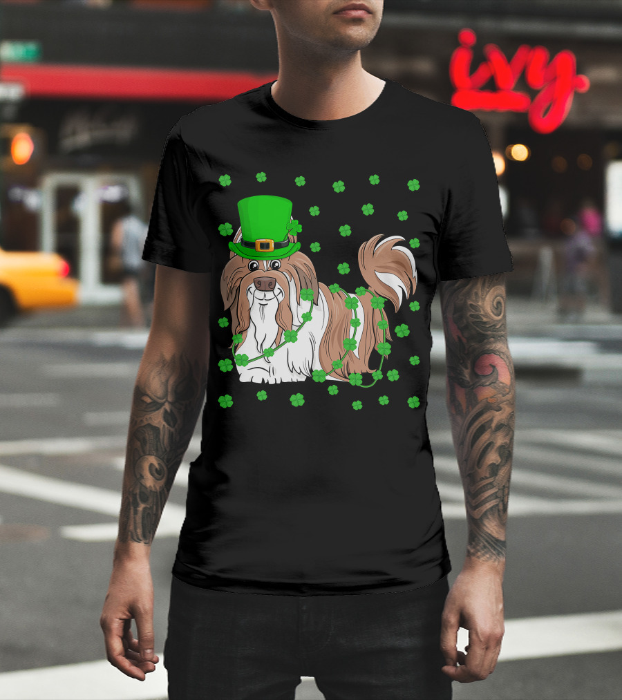 Shih Tzu Dog Lover St. Patrick's Day Leprechaun Hat And Clover T-Shirt