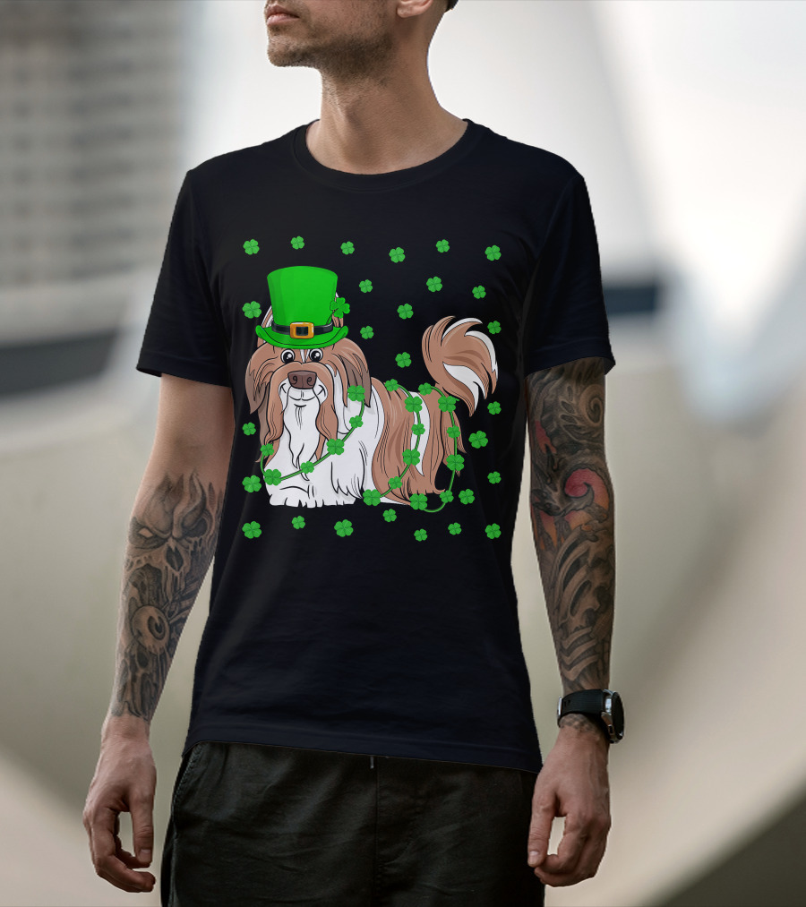 Shih Tzu Dog Lover St. Patrick's Day Leprechaun Hat And Clover T-Shirt