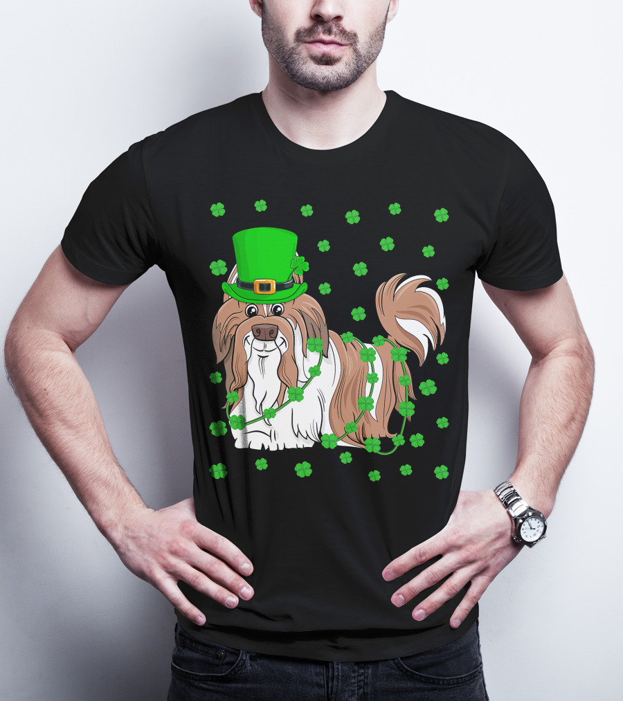 Shih Tzu Dog Lover St. Patrick's Day Leprechaun Hat And Clover T-Shirt