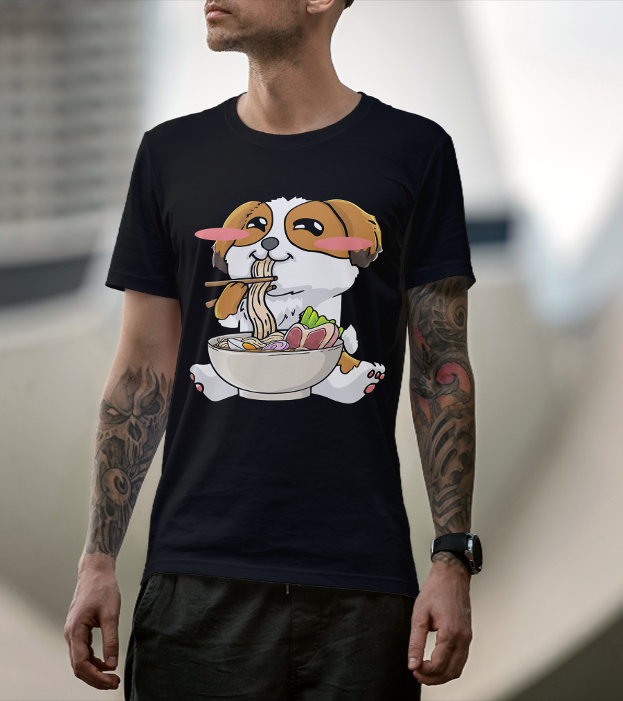 Shih Tzu Dog Enjoying Ramen Noodles With Kawaii Cute Blush Cheeks T-Shirt