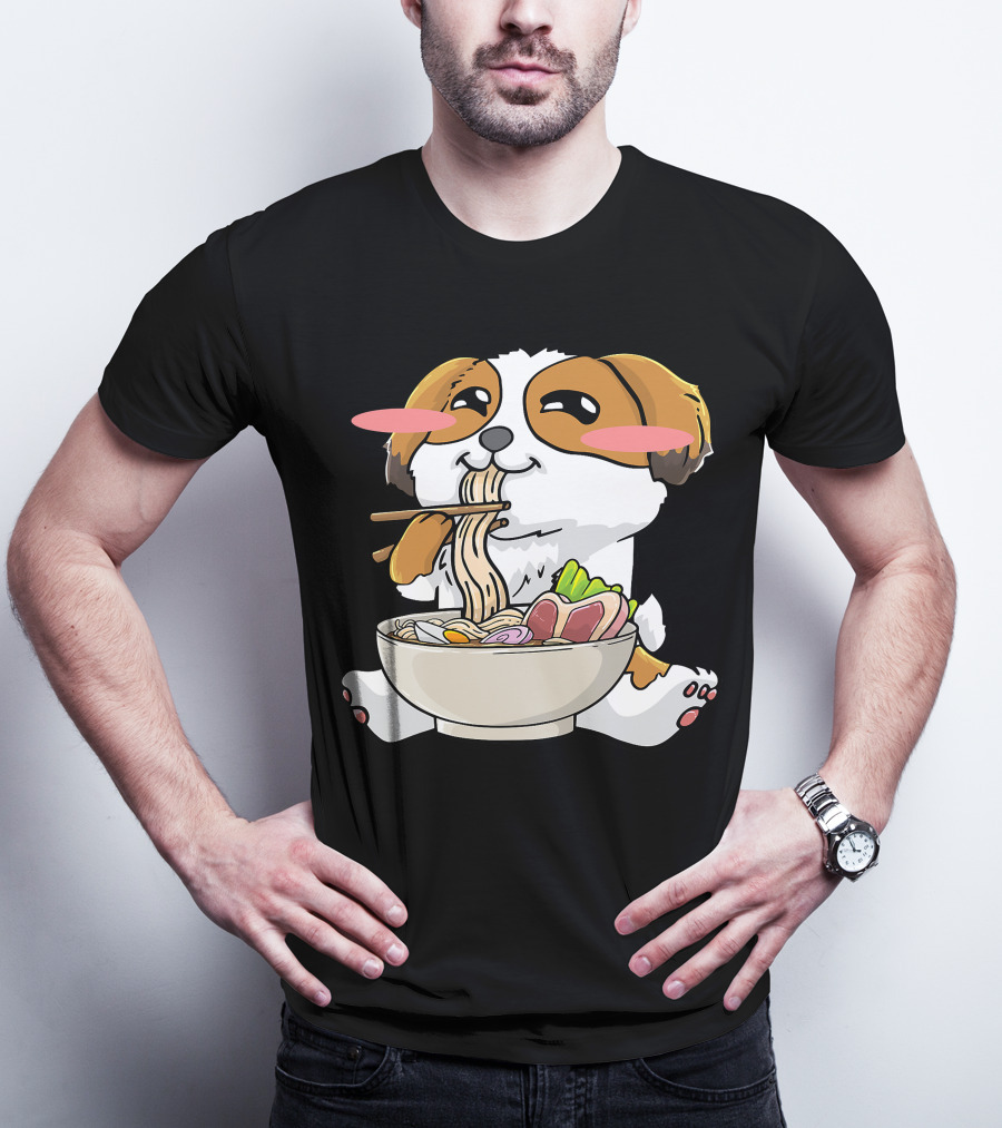 Shih Tzu Dog Enjoying Ramen Noodles With Kawaii Cute Blush Cheeks T-Shirt