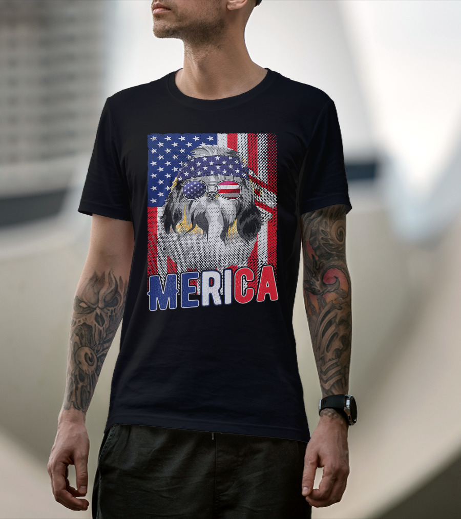 Shih Tzu Merica USA American Flag Patriotic Boys 4 Glasses Headband Stars Stripes T-Shirt
