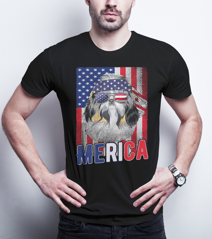 Shih Tzu Merica USA American Flag Patriotic Boys 4 Glasses Headband Stars Stripes T-Shirt