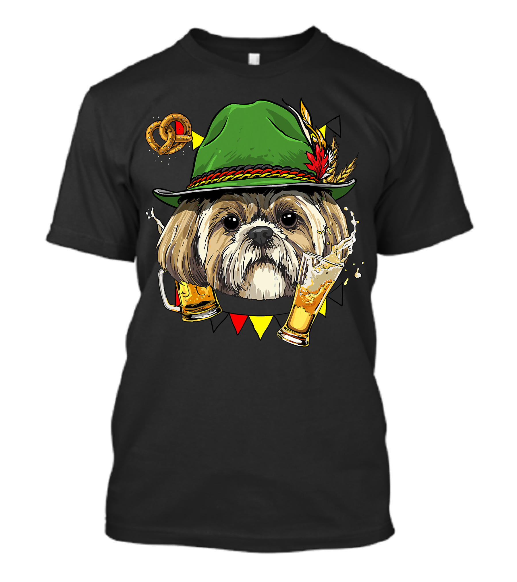 Shih Tzu Oktoberfest Dog With Lederhosen Hat And Beer German Pretzel T-Shirt