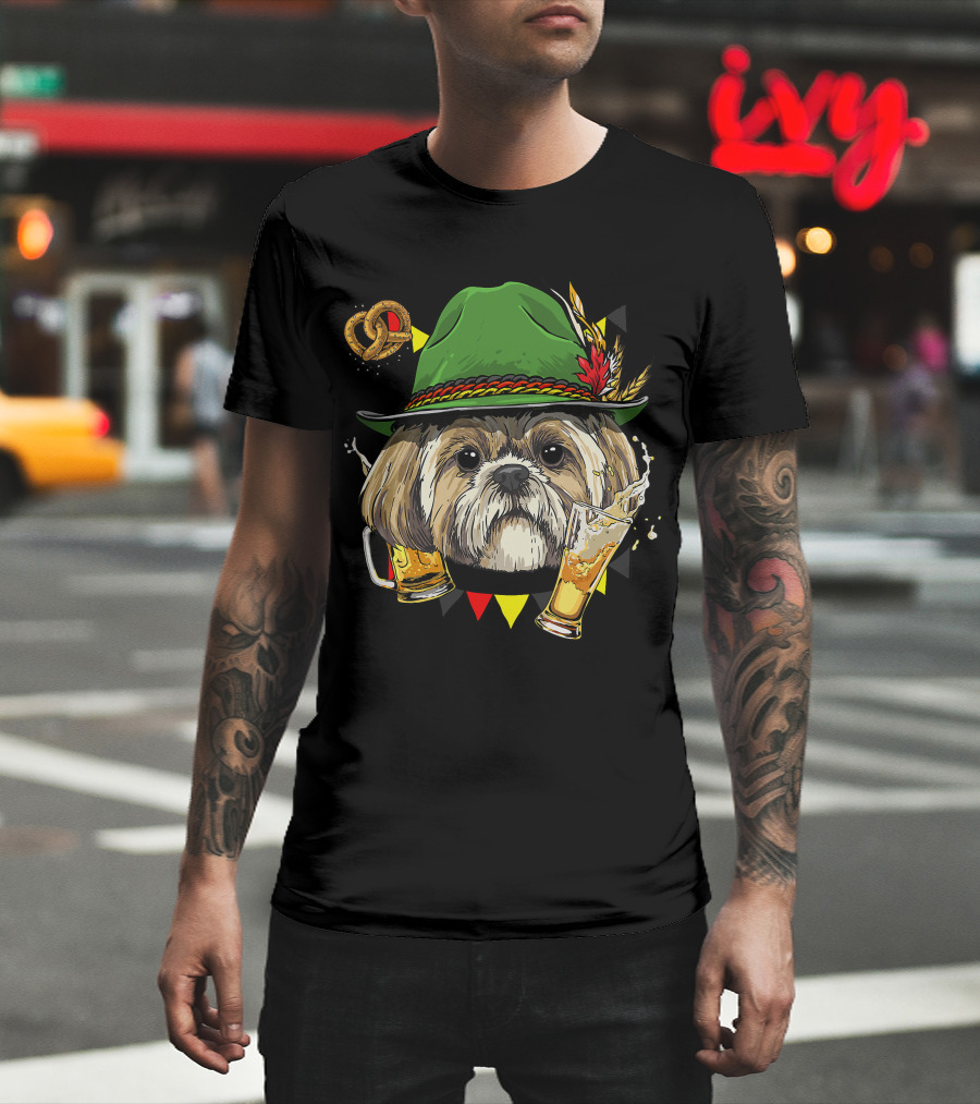 Shih Tzu Oktoberfest Dog With Lederhosen Hat And Beer German Pretzel T-Shirt