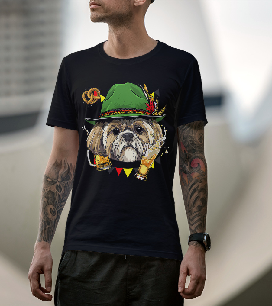 Shih Tzu Oktoberfest Dog With Lederhosen Hat And Beer German Pretzel T-Shirt